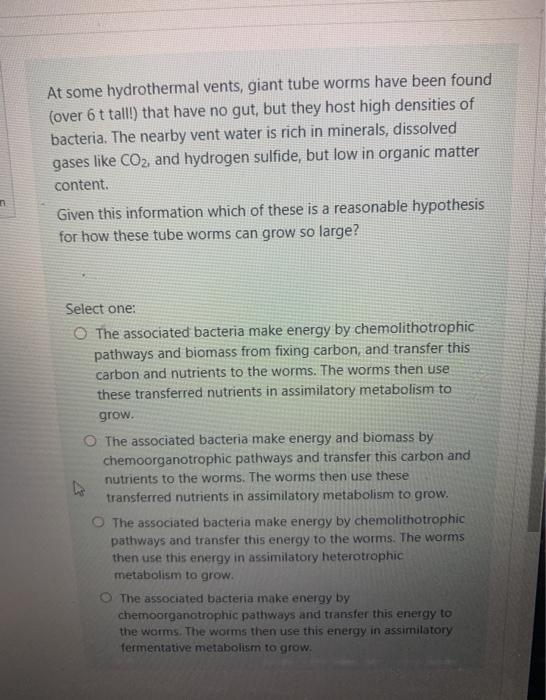 Solved At some hydrothermal vents, giant tube worms have | Chegg.com