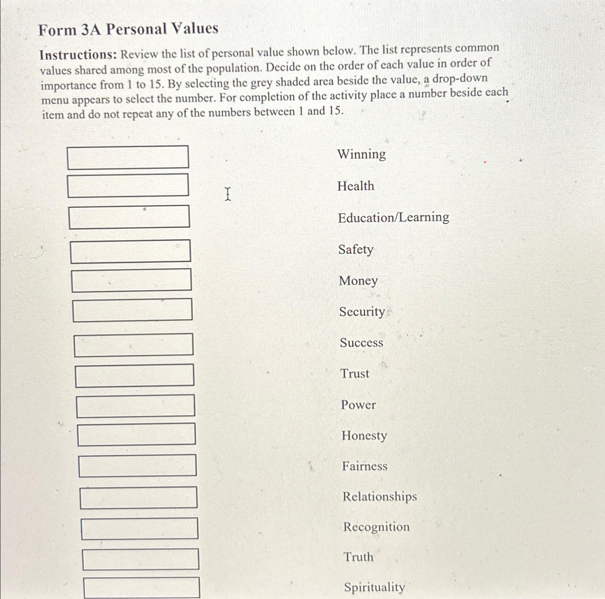Solved Form 3A Personal ValuesInstructions: Review the list | Chegg.com