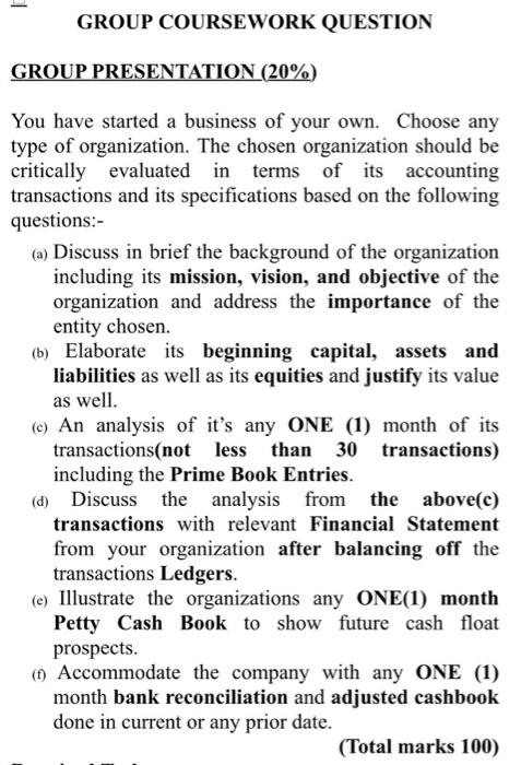 Solved GROUP COURSEWORK QUESTION GROUP PRESENTATION (20\%) | Chegg.com