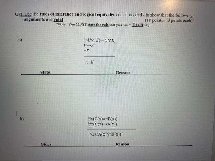 Solved Q2) Use the rules of inference and logical | Chegg.com