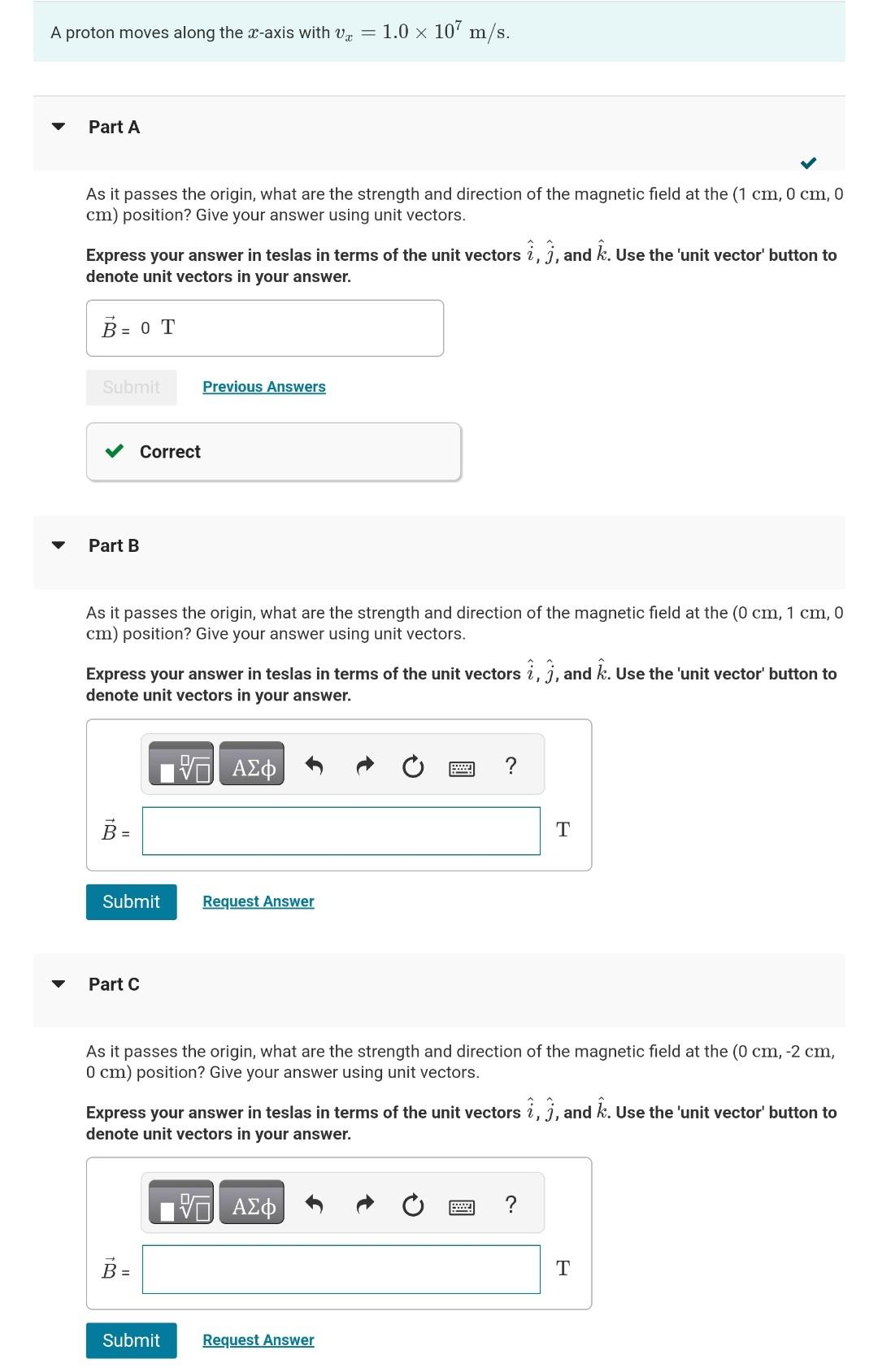 Solved A proton moves along the x-axis with vx=1.0×107 m/s. | Chegg.com