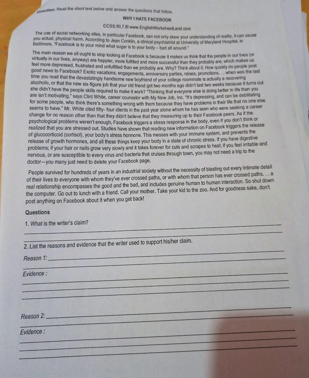 Solved Direction: Read the short text below and answer the | Chegg.com