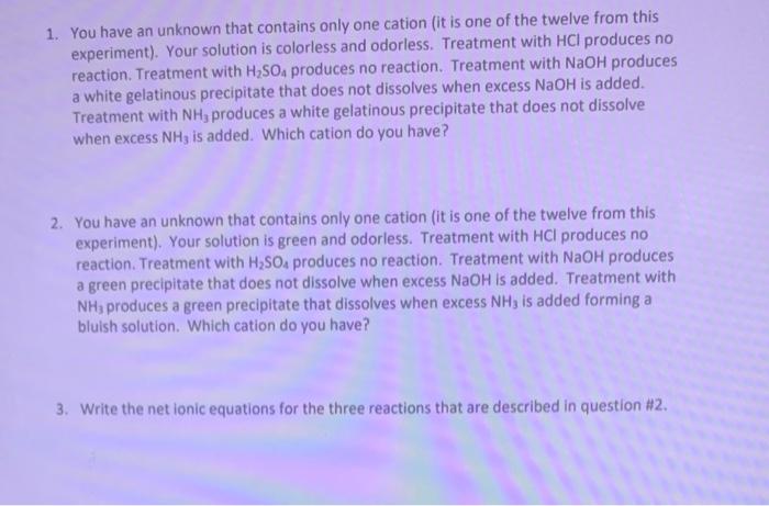Solved 1. You have an unknown that contains only one cation | Chegg.com