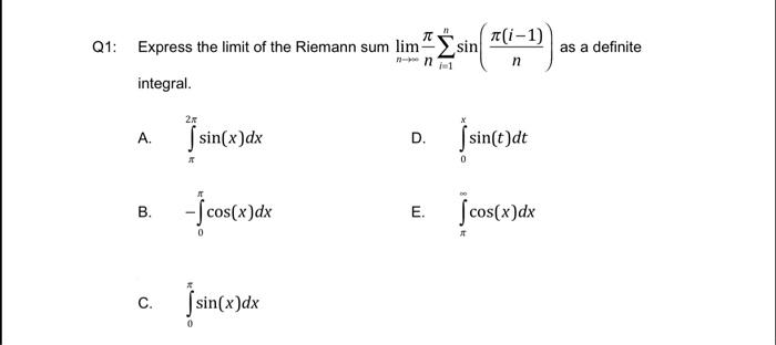 Solved Q1: Express the limit of the Riemann sum | Chegg.com