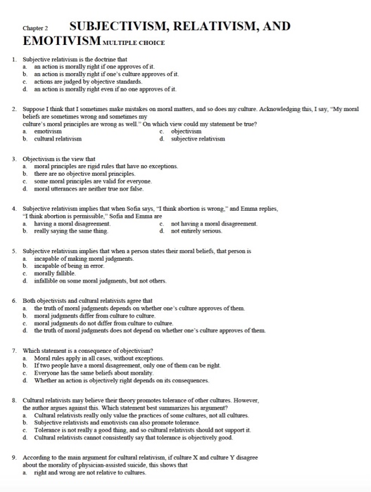 Chapter 2 SUBJECTIVISM, RELATIVISM, AND EMOTIVISM | Chegg.com