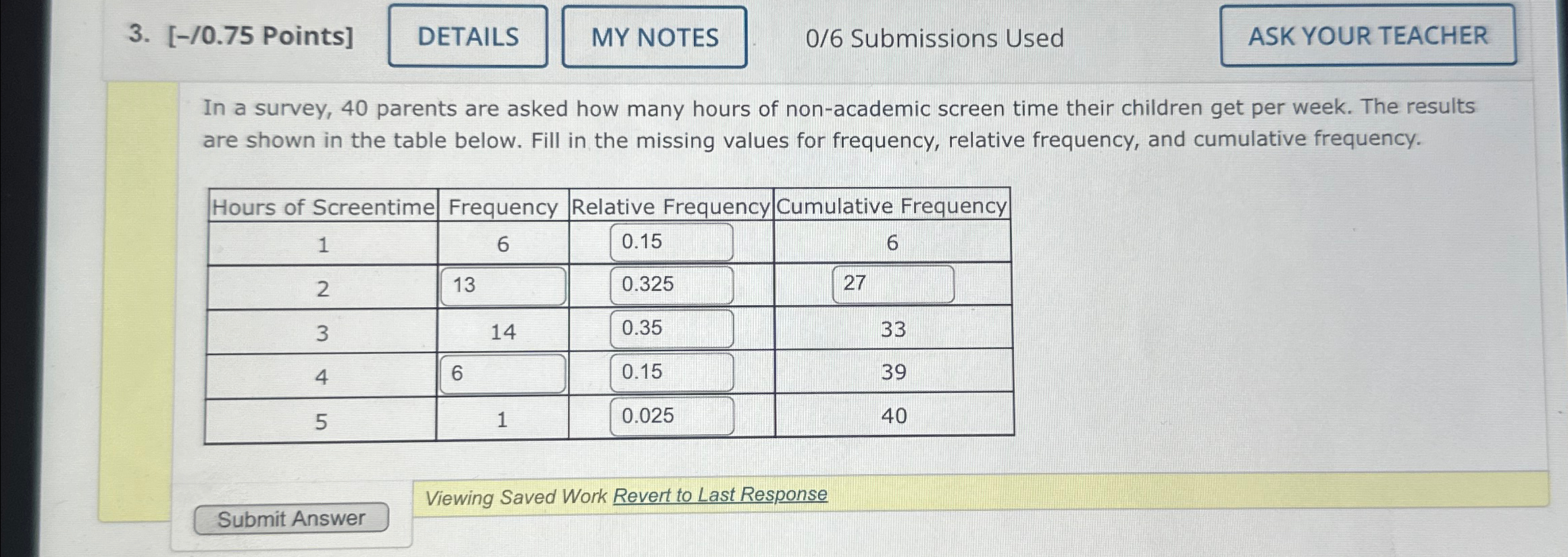 Solved [-/0.75 ﻿Points]0/6 ﻿Submissions UsedIn a survey, 40 | Chegg.com