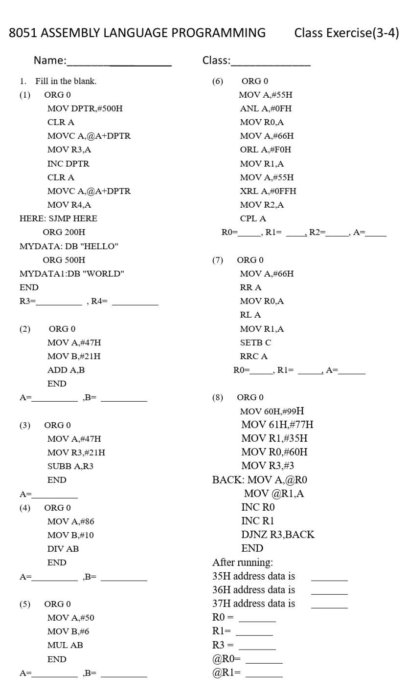 Solved 8051 ASSEMBLY LANGUAGE PROGRAMMING Class Exercise(3) | Chegg.com