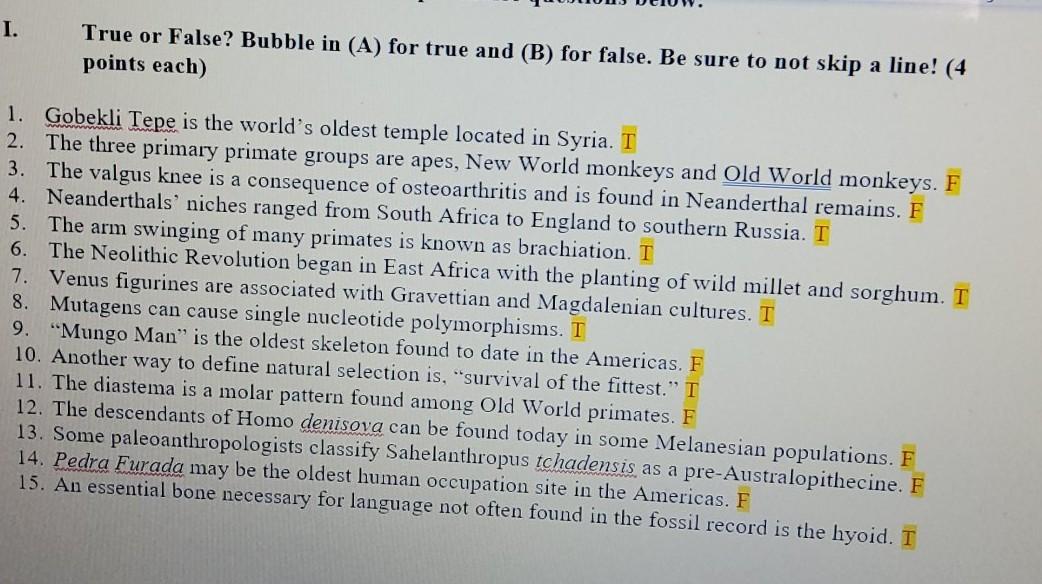 Solved I. True or False? Bubble in (A) for true and (B) for | Chegg.com