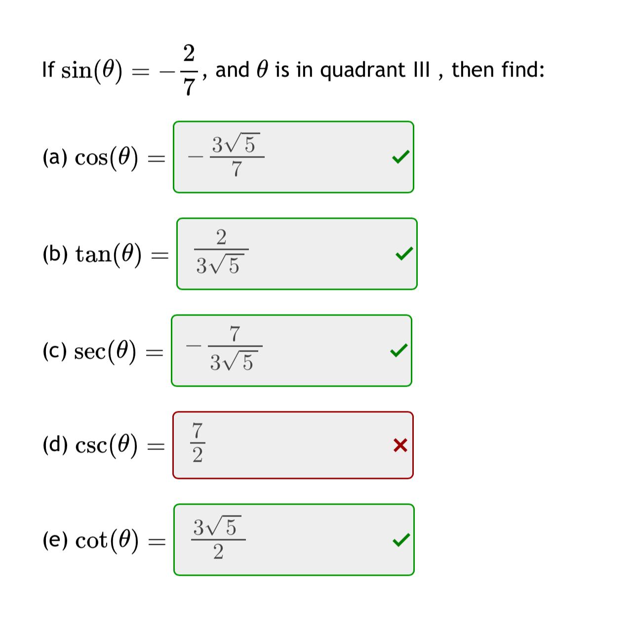 Solved If sin(θ)=-27, ﻿and θ ﻿is in quadrant III , ﻿then | Chegg.com