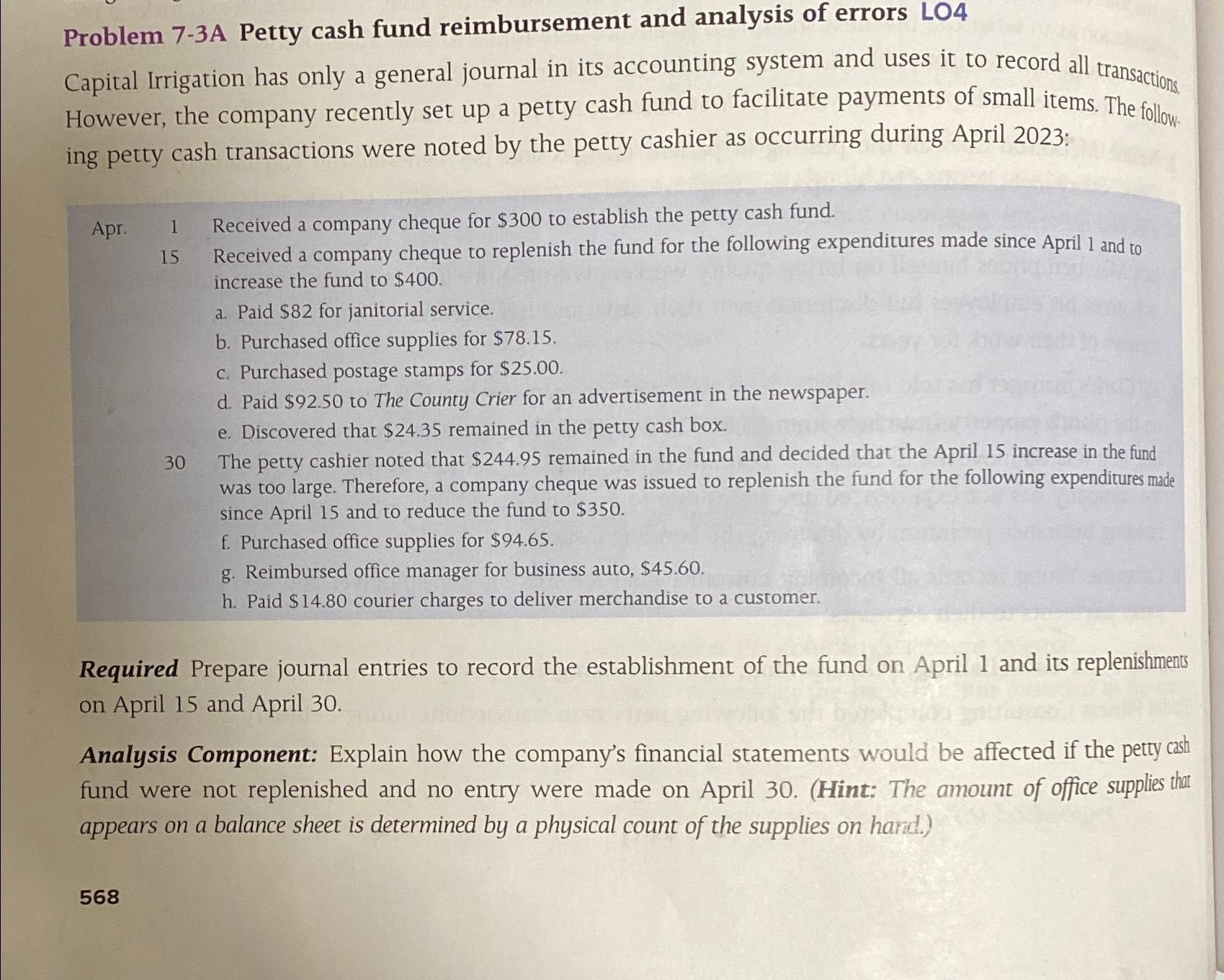 Solved Problem 7-3A Petty cash fund reimbursement and | Chegg.com