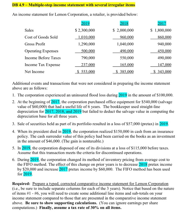 Solved DB 4.9 - Multiple-step income statement with several | Chegg.com