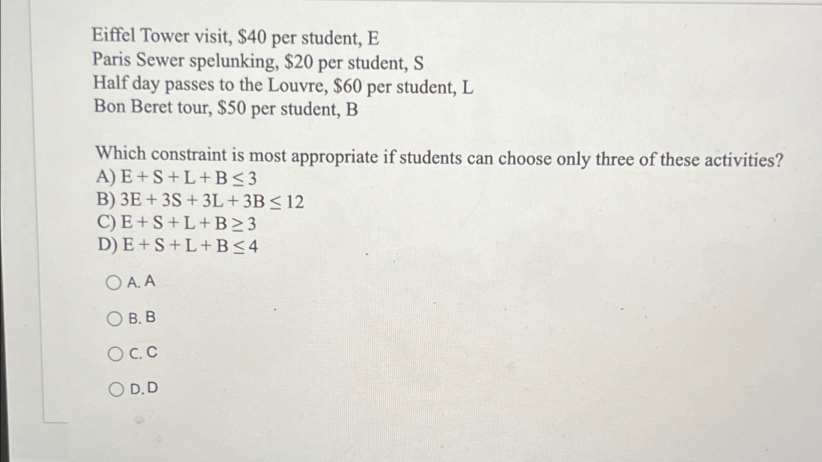 Solved Eiffel Tower visit, $40 ﻿per student, EParis Sewer | Chegg.com