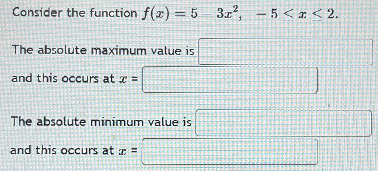 Solved Consider the function f(x)=5-3x2,-5≤x≤2.The absolute | Chegg.com