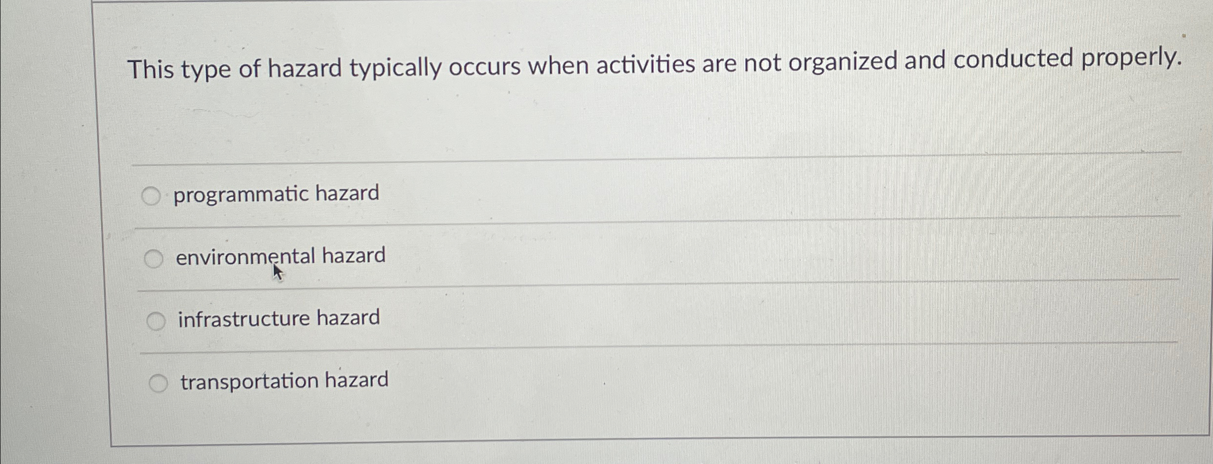 Solved This type of hazard typically occurs when activities | Chegg.com