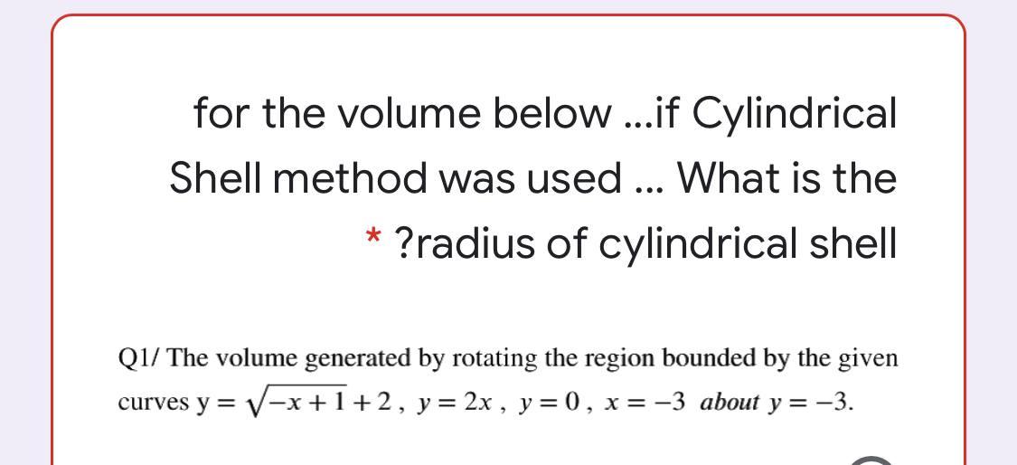 Solved for the volume below ...if Cylindrical Shell method | Chegg.com