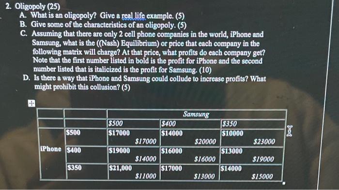 Solved Oligopoly (25) A. What is an oligopoly? Give a real | Chegg.com