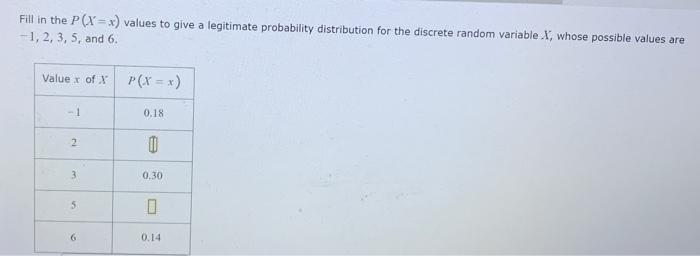 Solved Fill in the P(X=x) values to give a legitimate | Chegg.com