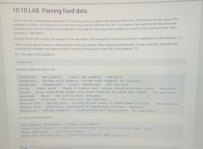 Solved 1010 Lab Parsing Food Data Given A Text File 