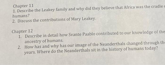 Solved Chapter 11 1. Describe the Leakey family and why did | Chegg.com