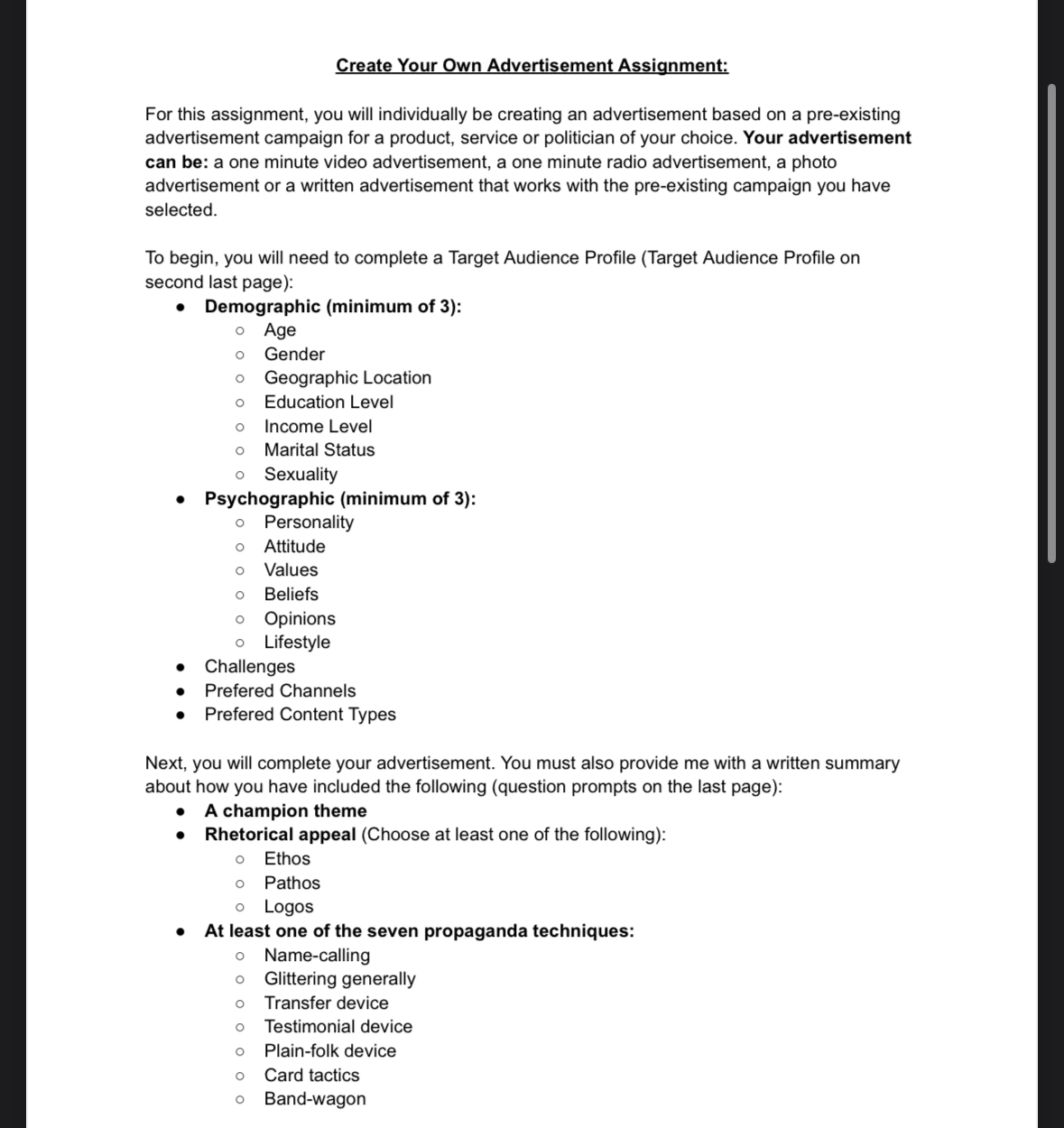 Solved Create Your Own Advertisement Assignment:For this | Chegg.com