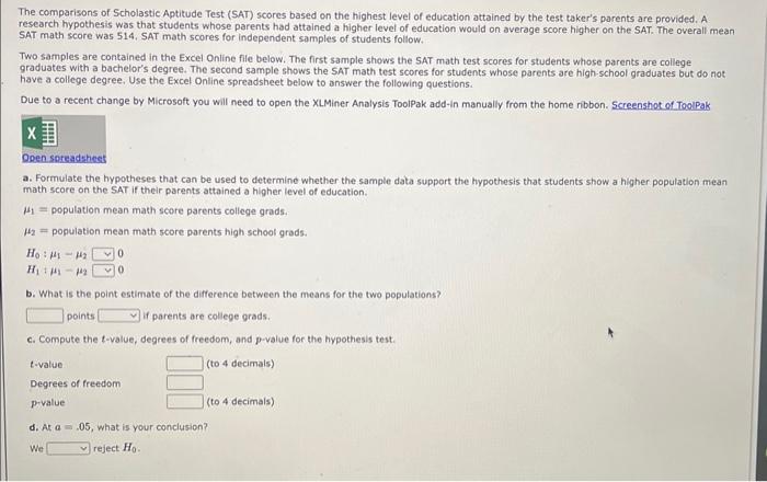 Solved The comparisons of Scholastic Aptitude Test (SAT) | Chegg.com