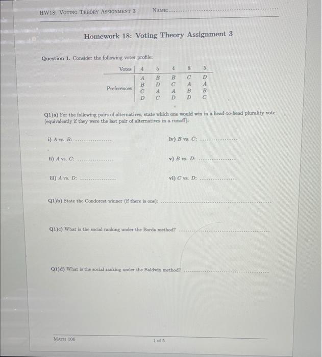 Homework 18: Voting Theory Assignment 3 Question 1. | Chegg.com