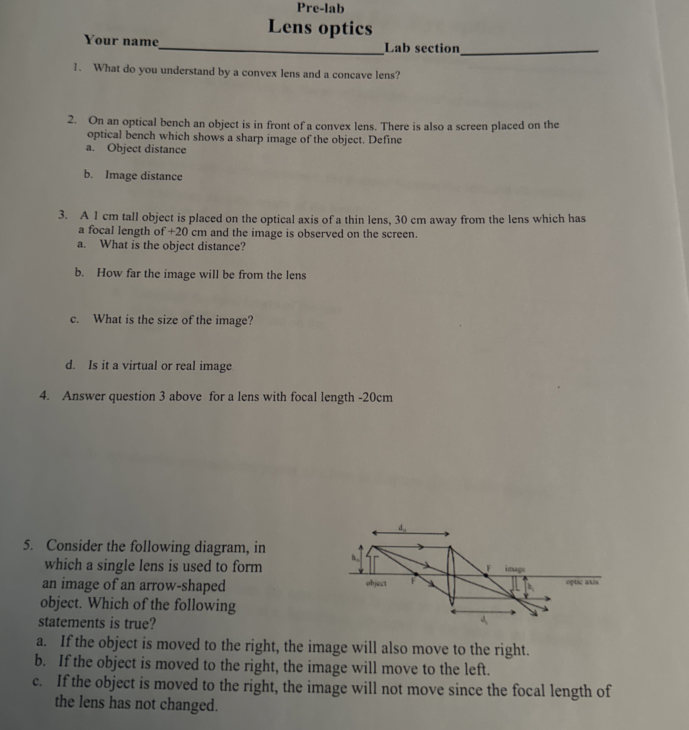 Solved Pre-labLens opticsYour name q, ﻿Lab sectiorWhat do | Chegg.com