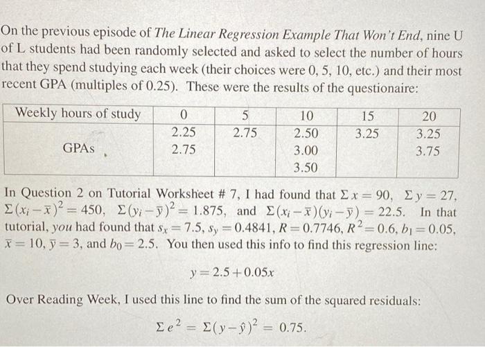 Solved On the previous episode of The Linear Regression | Chegg.com