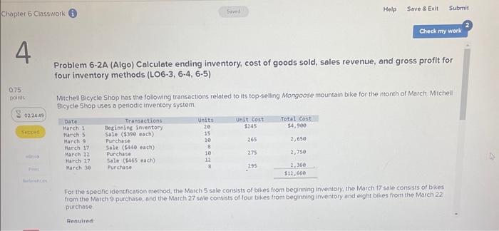 Solved Problem 6-2A (Algo) Calculate ending inventory, cost | Chegg.com