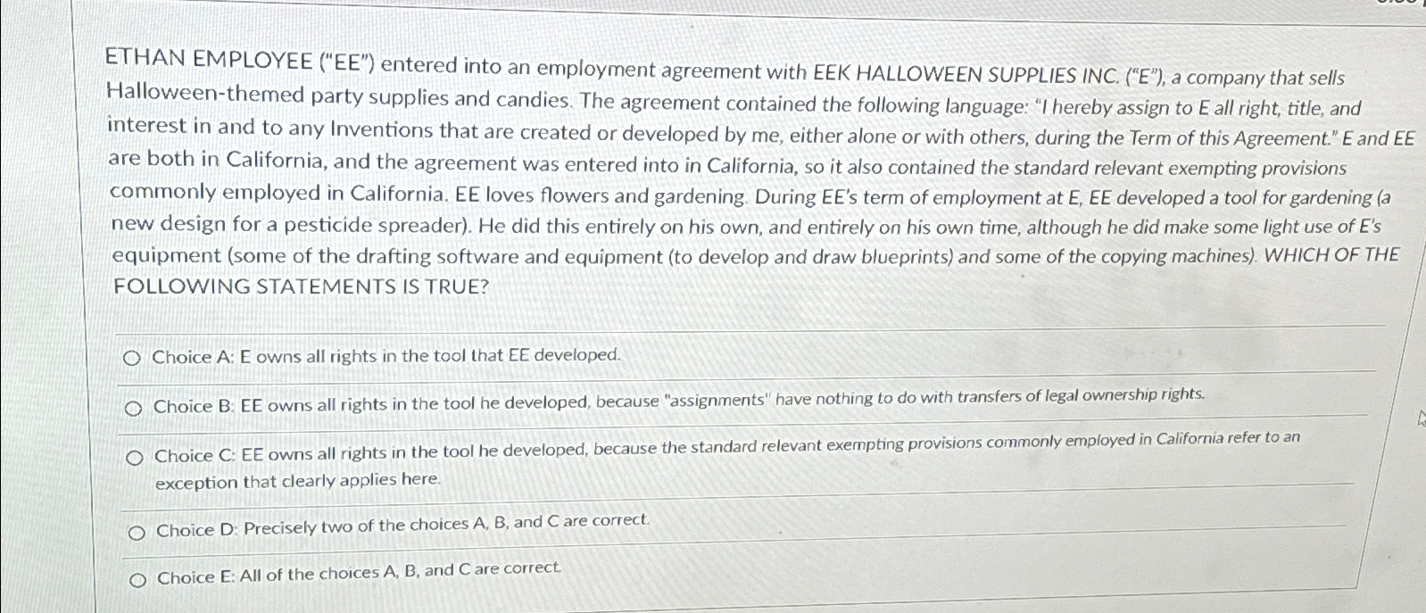 Solved ETHAN EMPLOYEE ("EE") ﻿entered into an employment | Chegg.com