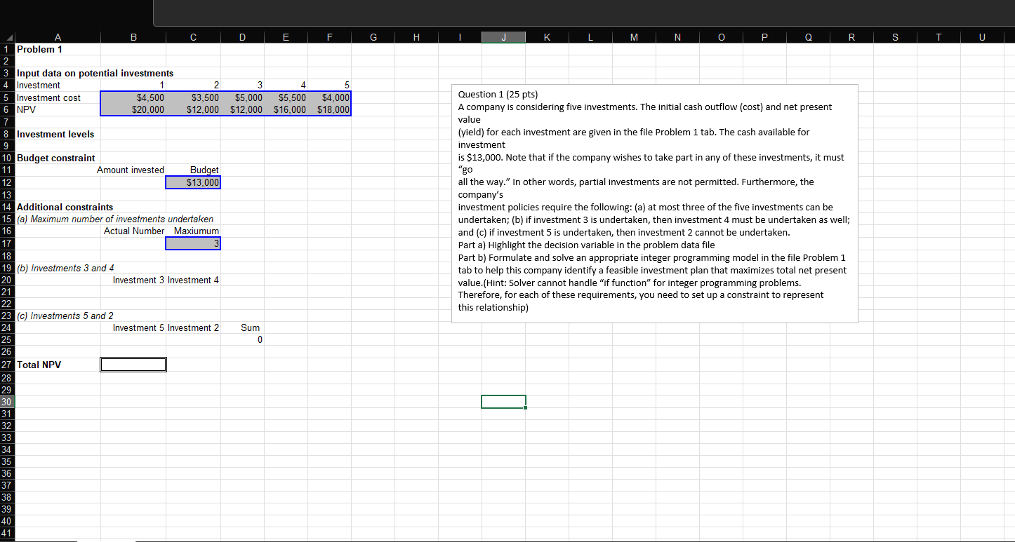 Solved ***ANSWER THIS ON EXCEL*** ﻿Question 1 (25 ﻿pts) | Chegg.com