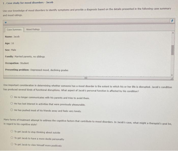 Solved 1. Case study for mood disorders - Jacob Use your | Chegg.com