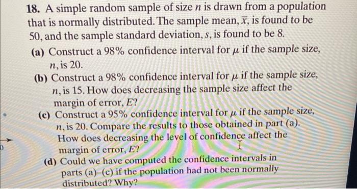 Solved 18. A simple random sample of size n is drawn from a | Chegg.com
