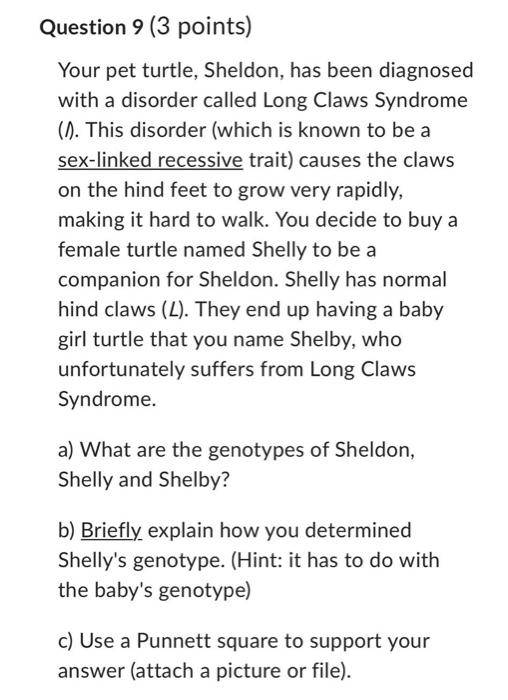 Solved Question 9 (3 points) Your pet turtle, Sheldon, has | Chegg.com