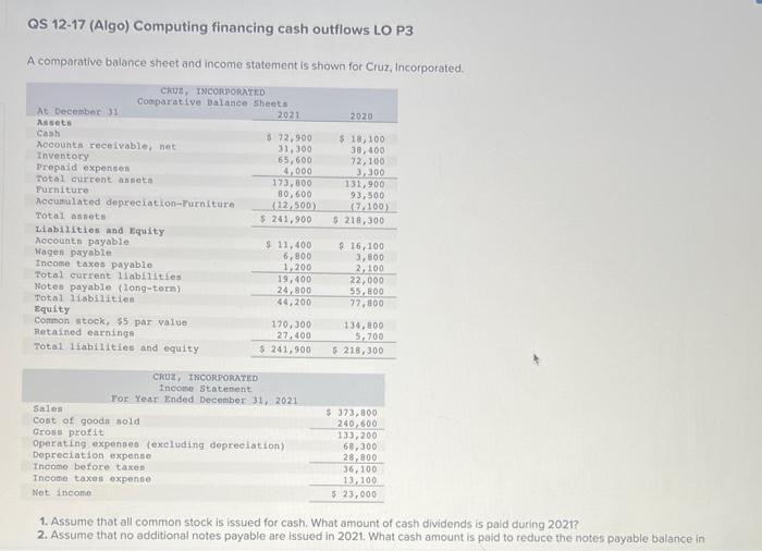 Solved QS 12−17 (Algo) Computing financing cash outflows LO | Chegg.com