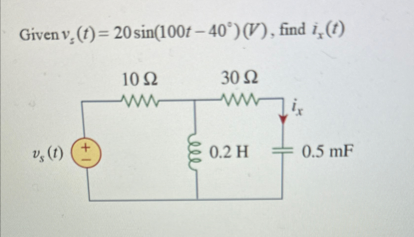 Solved Given vs(t)=20sin(100t-40°)(V), ﻿find ix(t) | Chegg.com
