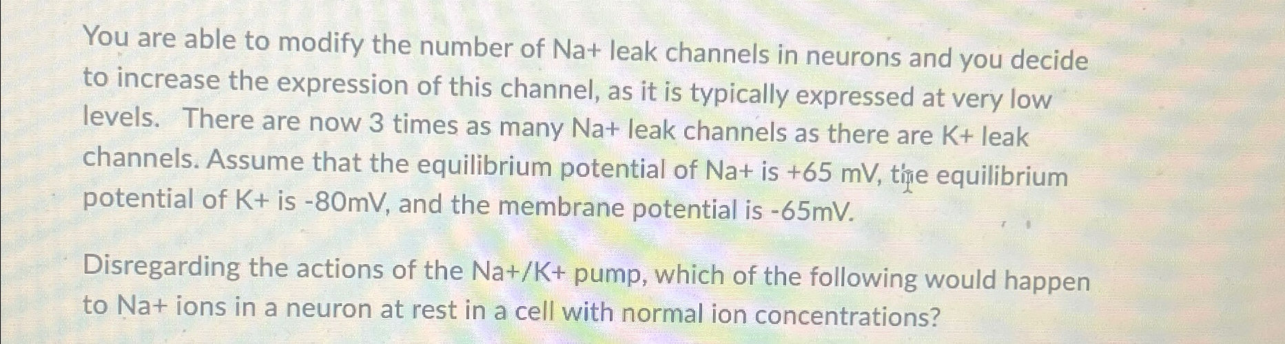 Solved You are able to modify the number of Na+ ﻿leak | Chegg.com