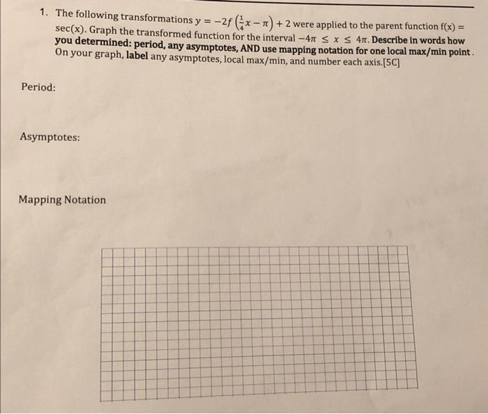 Solved 1. The following transformations y=−2f(41x−π)+2 were | Chegg.com