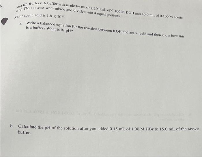 Solved TIT: Buffers: A buffer was made by mixing 20.0mL of | Chegg.com