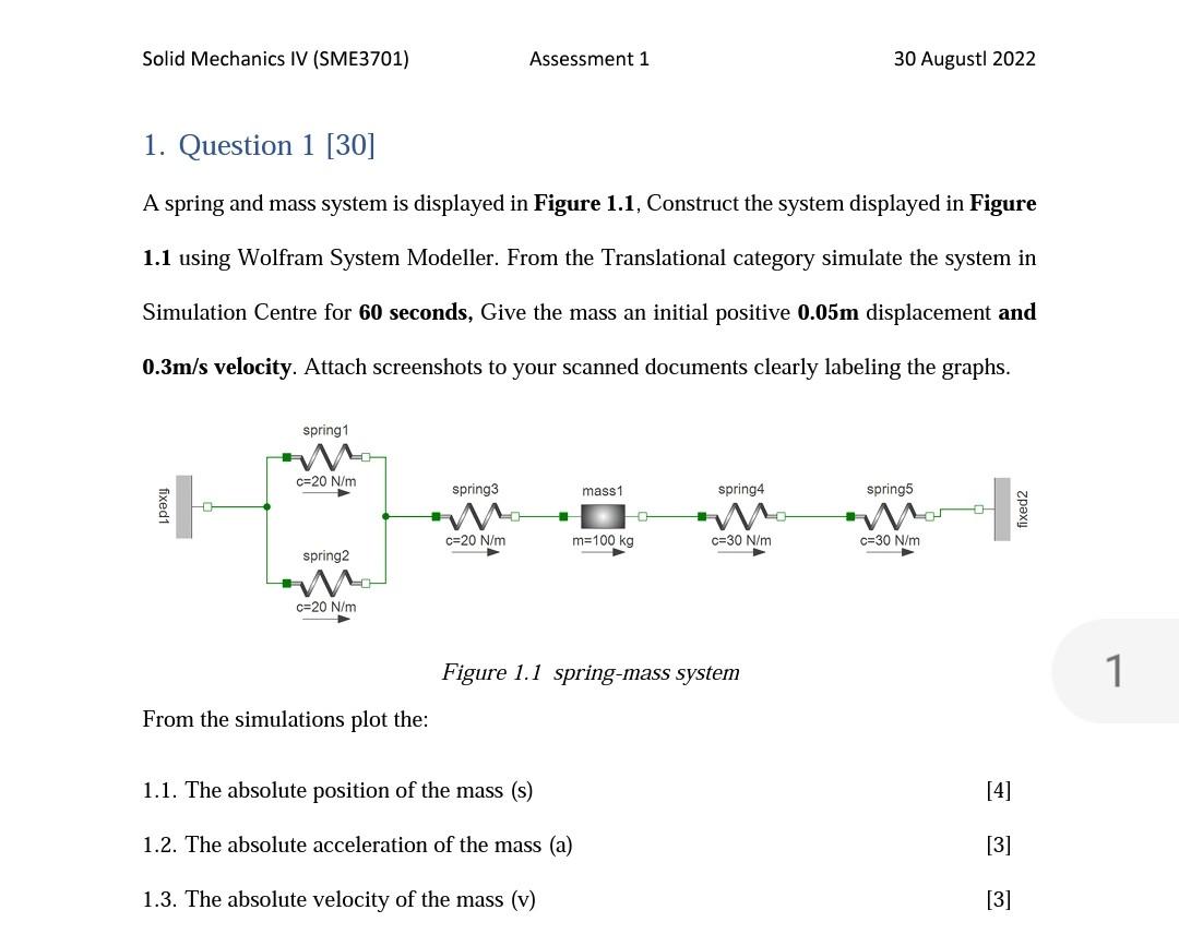 Solved A spring and mass system is displayed in Figure 1.1, | Chegg.com