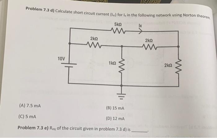 Problem 7.3 d) Calculate short circuit current ( lxc | Chegg.com