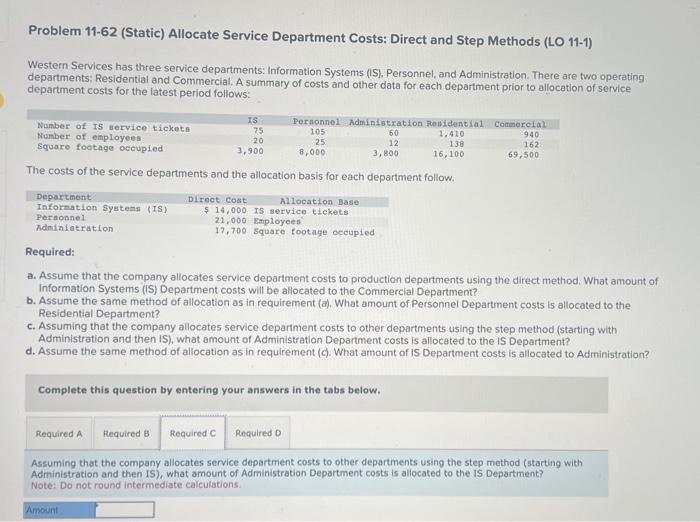 Solved Problem 11-62 (Static) Allocate Service Department | Chegg.com