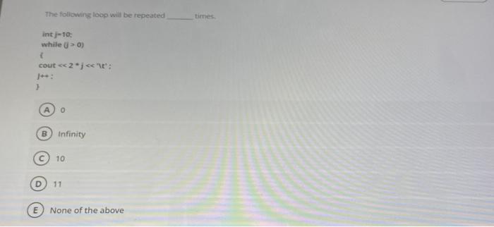 Solved The following loop will be repeated times int -10: | Chegg.com