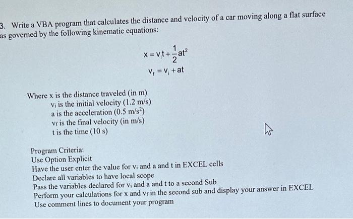 Solved Write a VBA program that calculates the distance and | Chegg.com