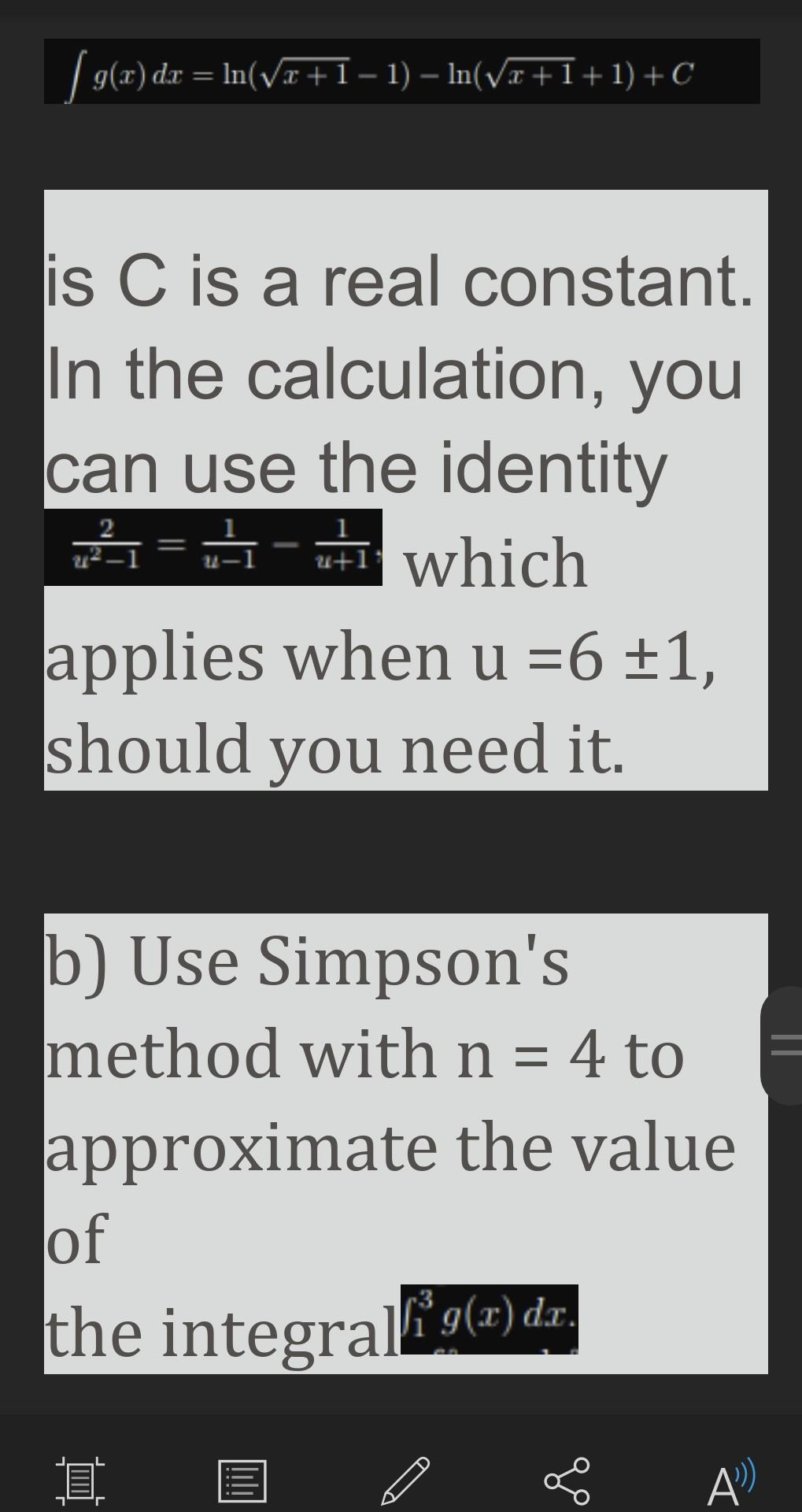 Solved ∫g(x)dx=ln(x+1−1)−ln(x+1+1)+C is C is a real | Chegg.com