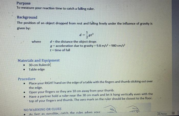 Solved Purpose To measure your reaction time to catch a | Chegg.com