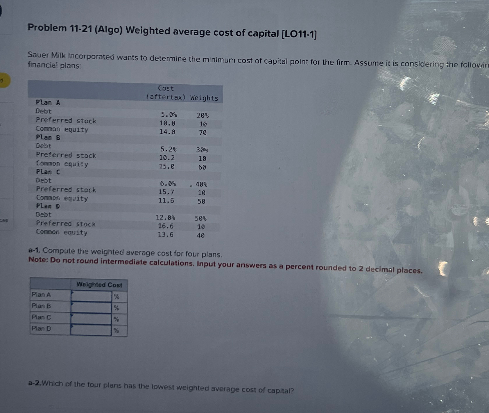Solved Problem 11-21 (Algo) ﻿Weighted average cost of | Chegg.com