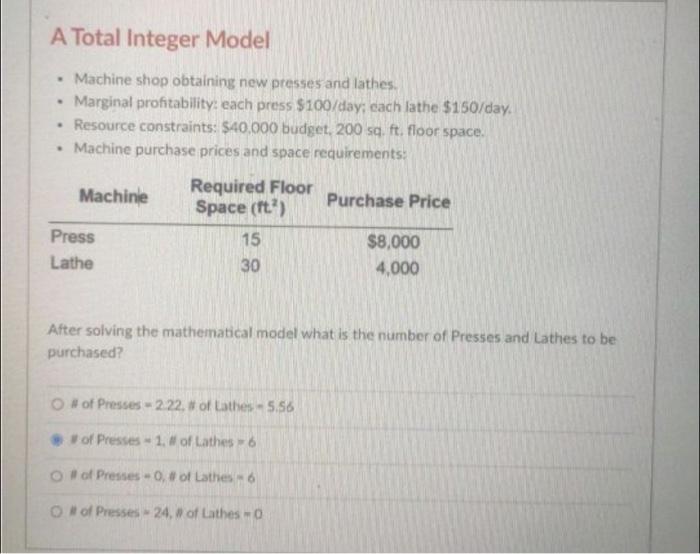 Solved A Total Integer Model • Machine shop obtaining new | Chegg.com