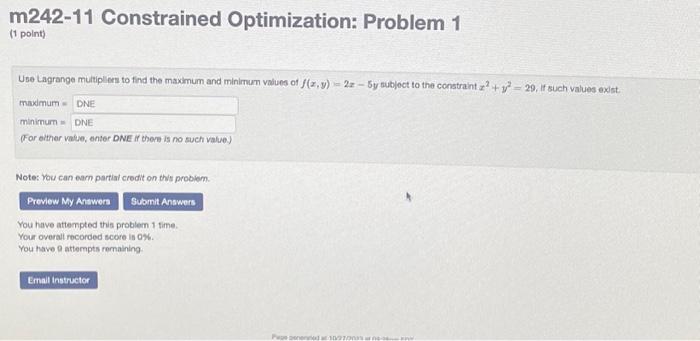 Solved m242-11 Constrained Optimization: Problem 1 (1 point) | Chegg.com