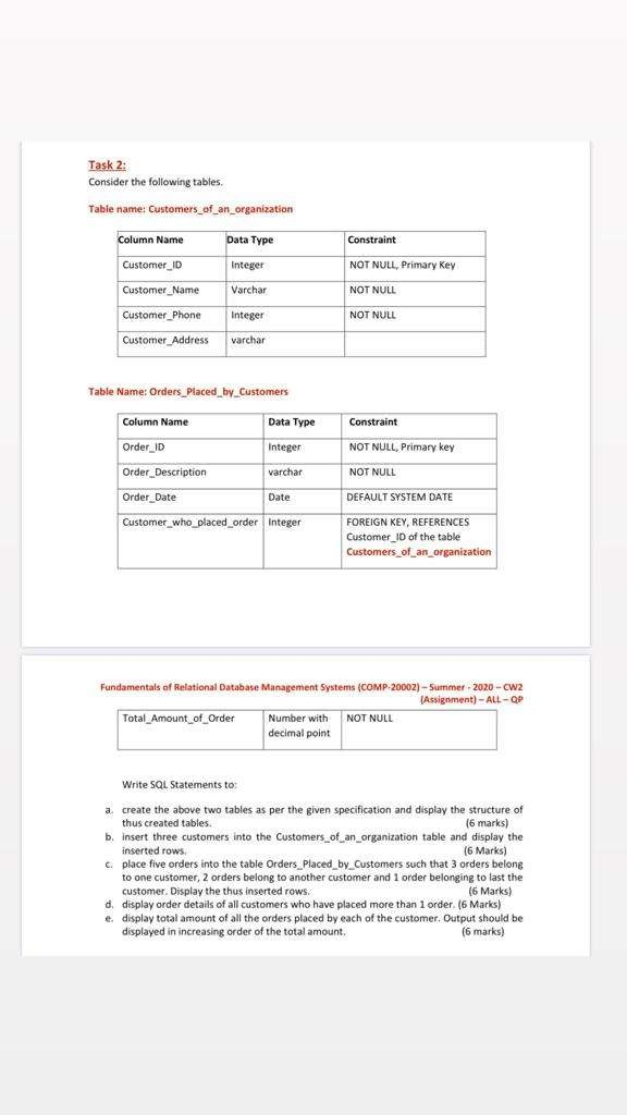 Solved Task 2: Consider the following tables. Table name: | Chegg.com